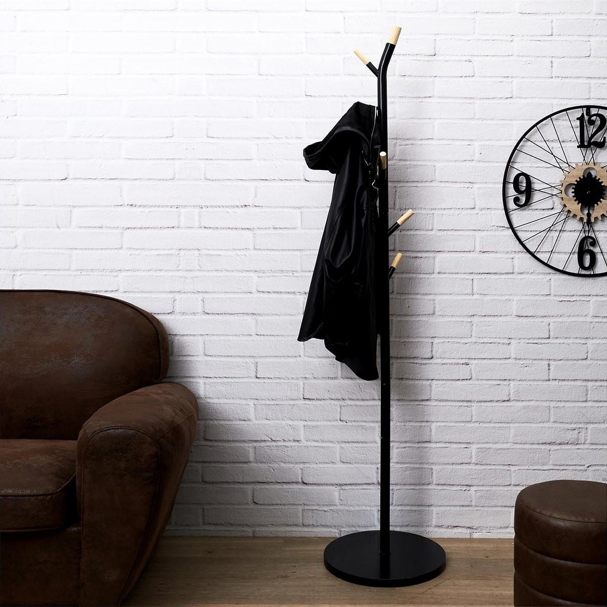 FORYA - Porte-Manteaux Noir et Effet Bois 6 Patères - Altobuy.fr ...