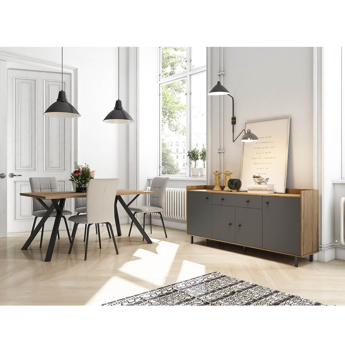 RICQ - Buffet 4 Portes 1 Tiroir Gris Anthracite et Aspect Noyer ...