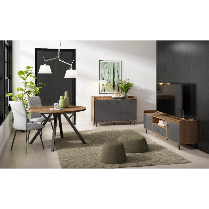 RICQ - Meuble TV 2 Portes 1 Tiroir Gris Anthracite et Aspect Noyer ...