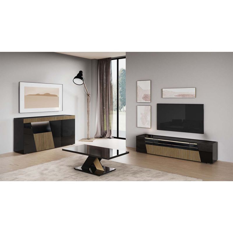 KADALA - Meuble TV Design 209cm Laqué Noir Décor Bois avec Leds ...