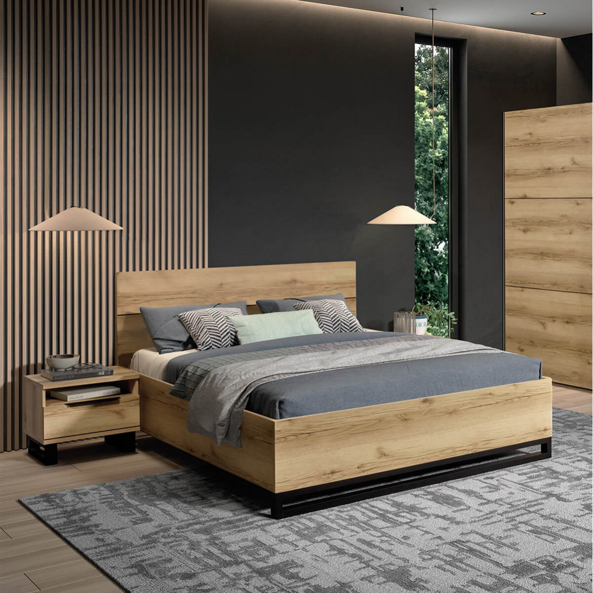 GAMMA - Chambre Lit 160x200 et 2 Chevets Aspect Bois et Pied Avant ...