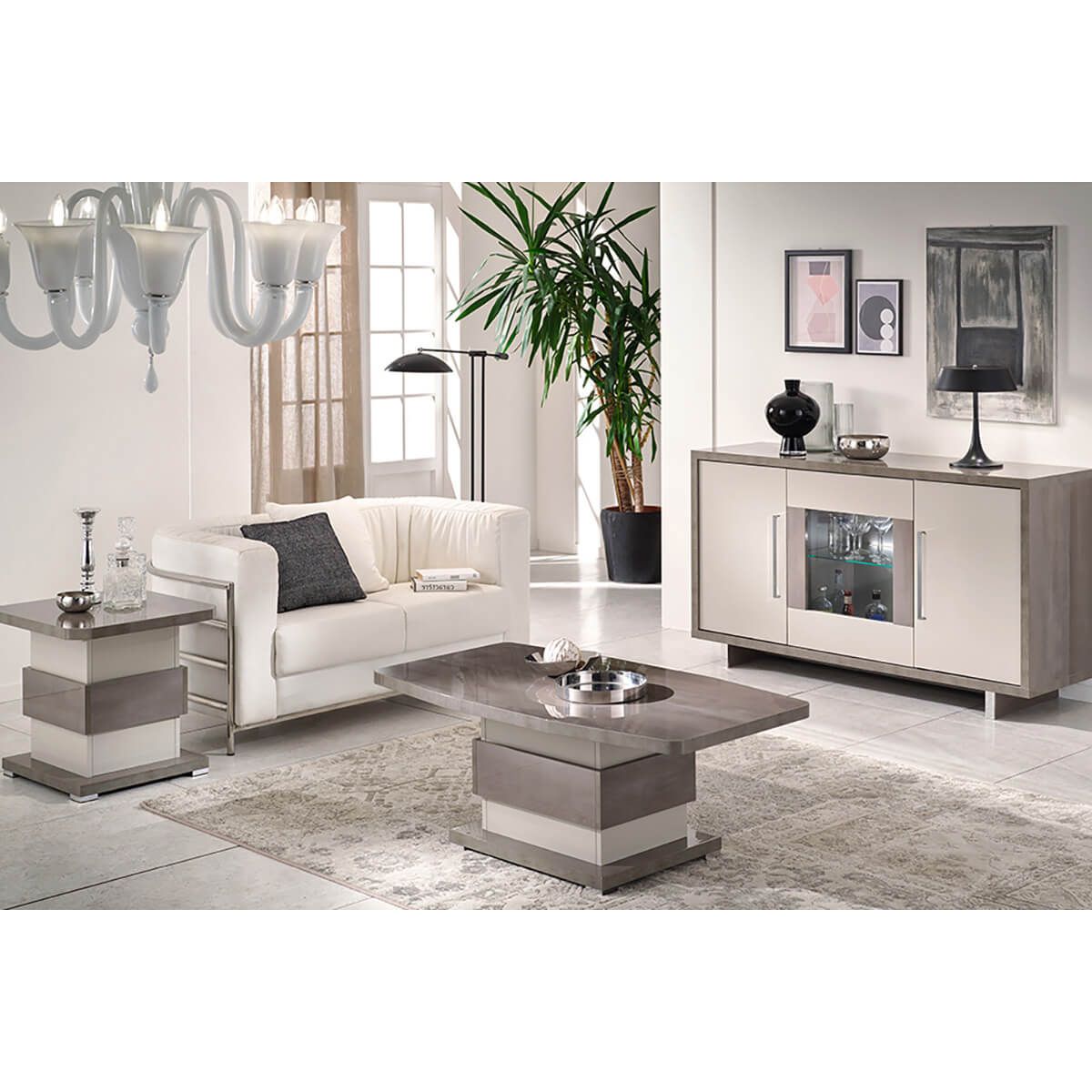 AUXANE - Ensemble Table Basse + Table d'Appoint + Buffet 3P Led Gris ...