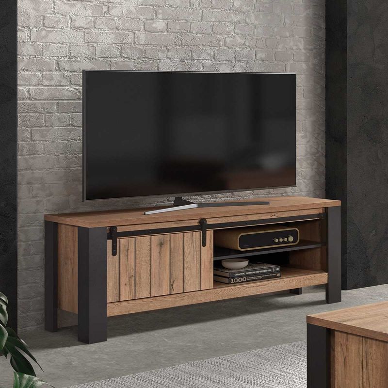 CLODIUS - Meuble TV 1 Porte Coulissante 2 Niches Métal et Aspect Bois ...