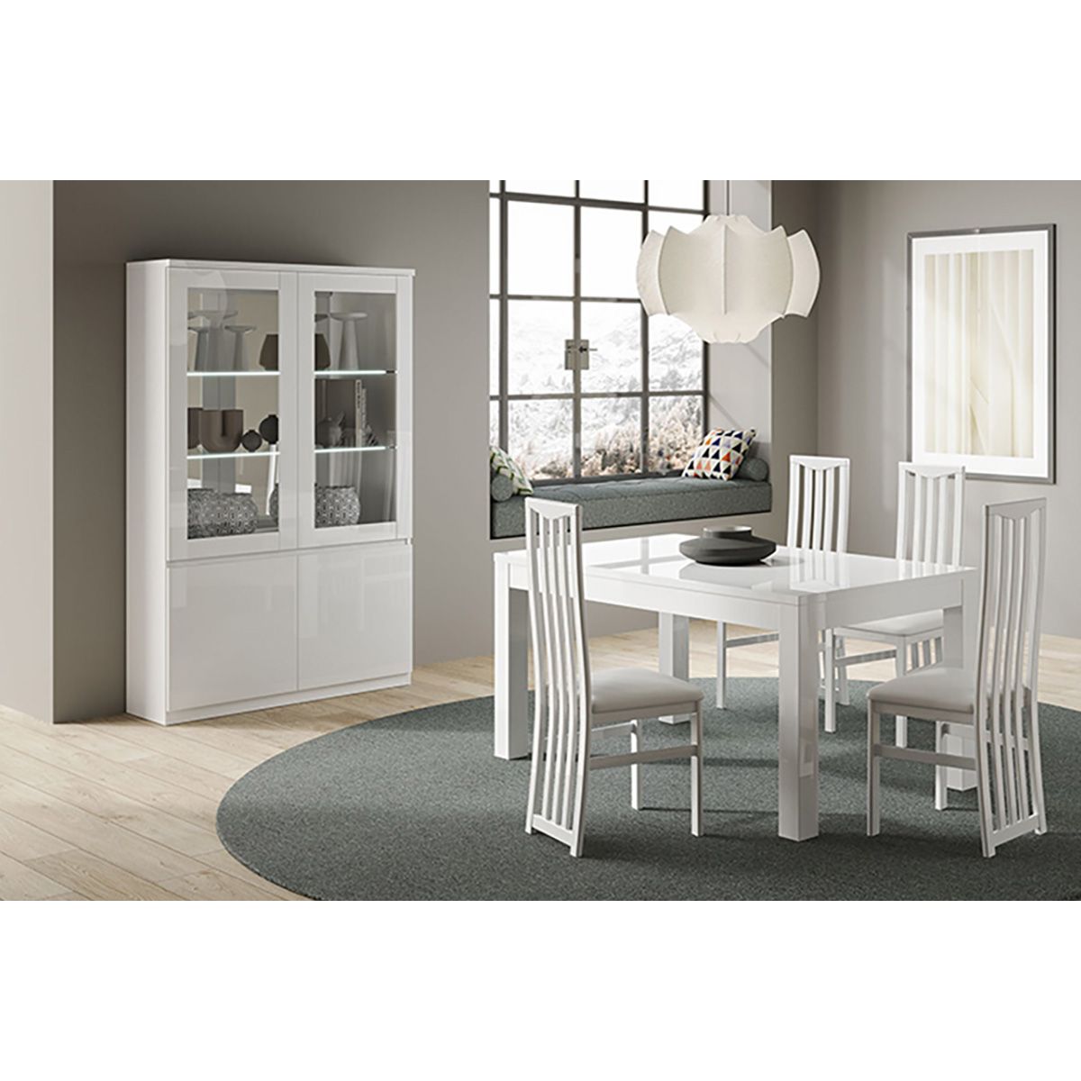 DEYTON - Ensemble Séjour Laqué Blanc Table 160cm + Vitrine avec Leds ...