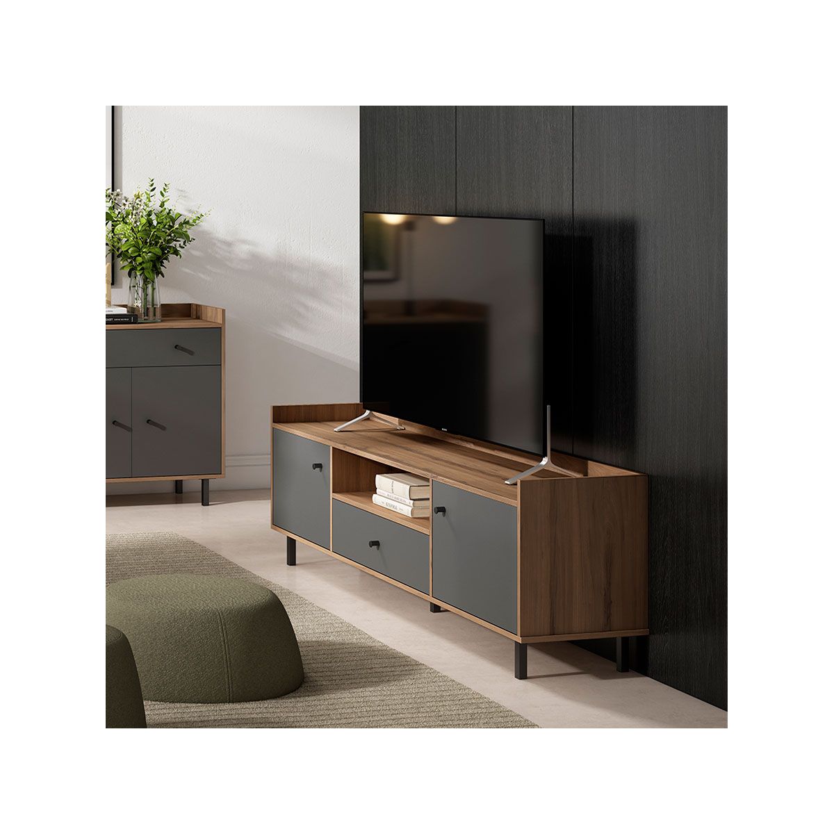 RICQ - Meuble TV 2 Portes 1 Tiroir Gris Anthracite et Aspect Noyer ...