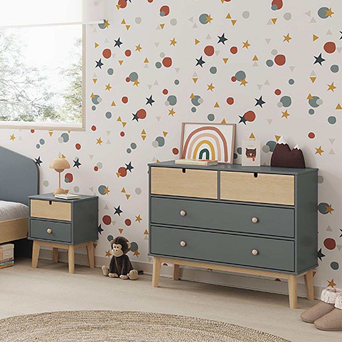 KAINA - Commode 4 Tiroirs MDF et Pin Coloris Gris Vert et Naturel ...
