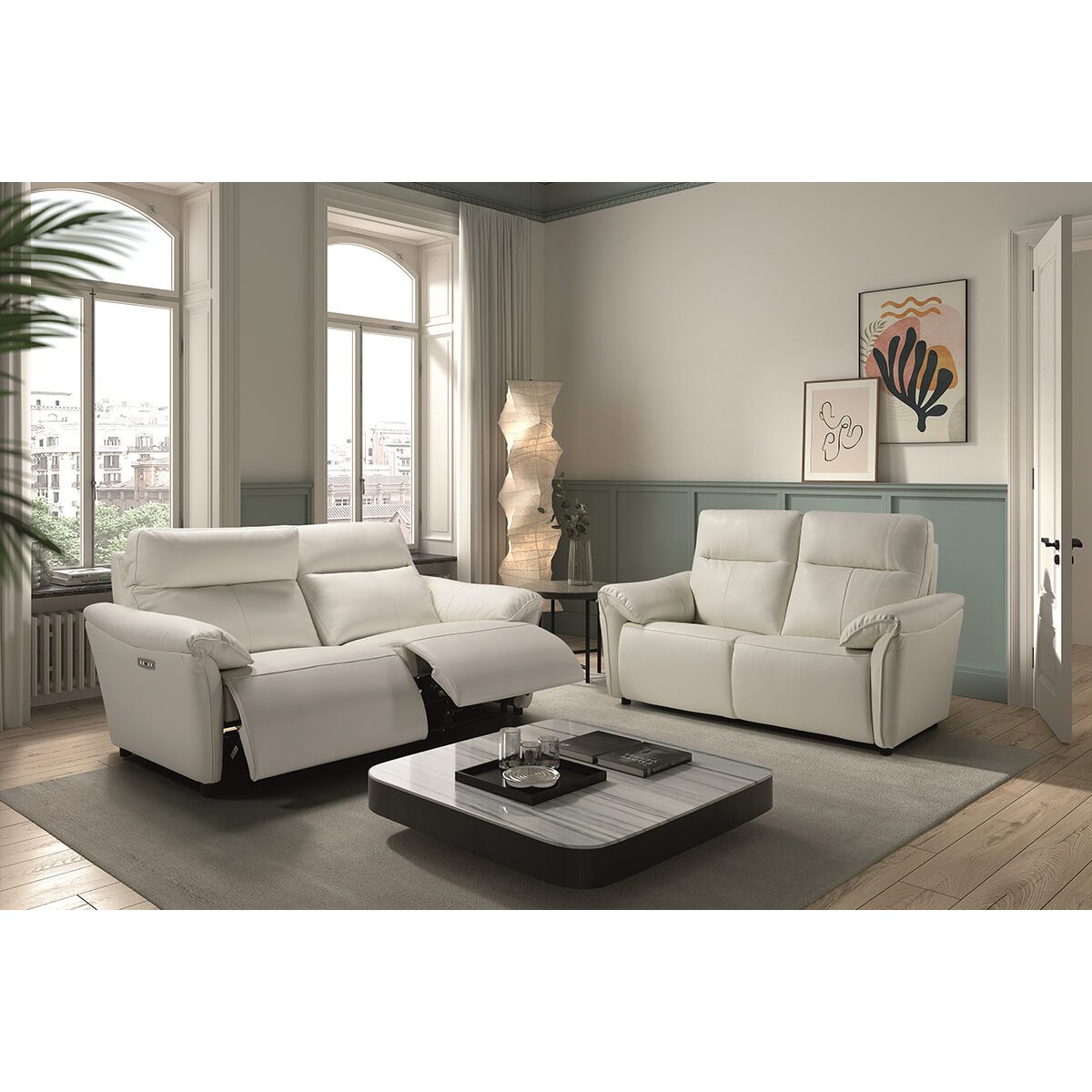 MAZARO - Canapés 3 Places Relax Electrique + 2 Places Fixe Cuir Blanc ...