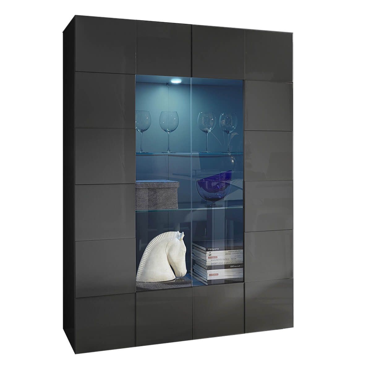 REBECCA - Vitrine 2 Portes Finition Laqué Gris Carbone Relief Damiers ...