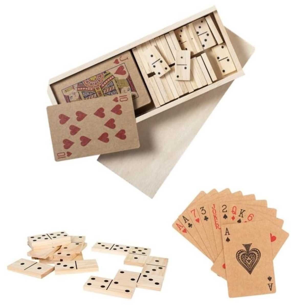 Coffret de jeu 2 en 1 avec domino en bois et jeu de 54 cartes en kraft ...