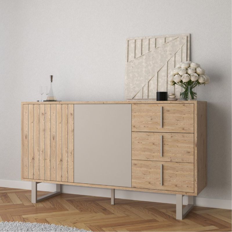 Buffet 2 portes 3 tiroirs en mélaminé imitation bois et beige piètement ...