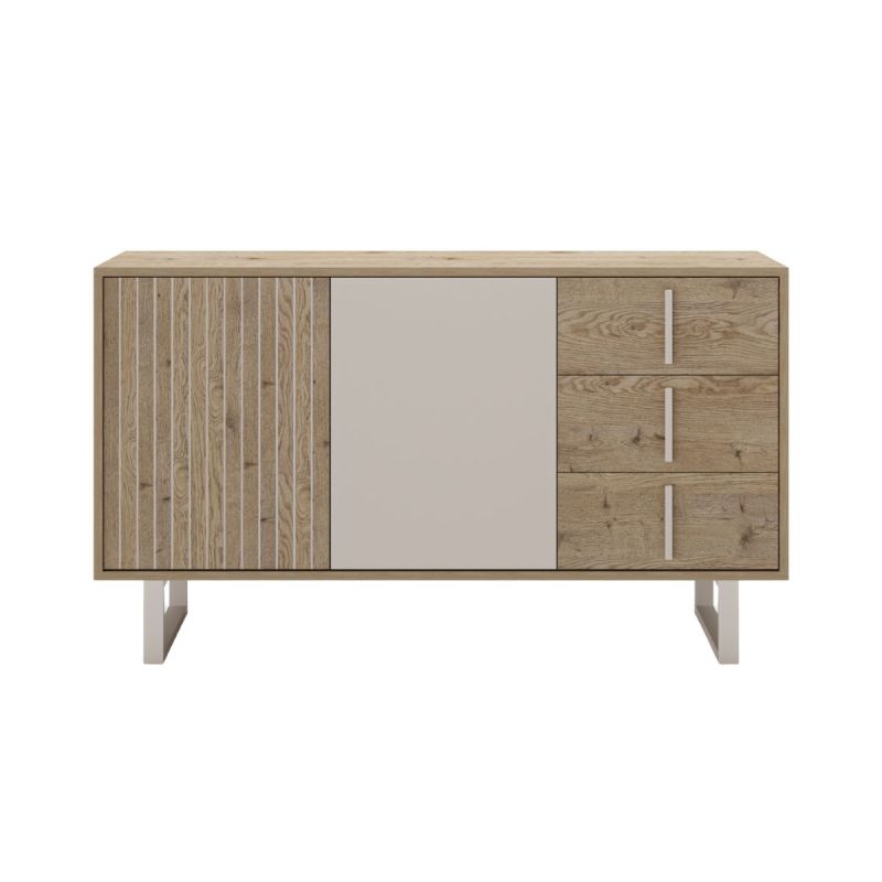 Buffet 2 portes 3 tiroirs en mélaminé imitation bois et beige piètement ...