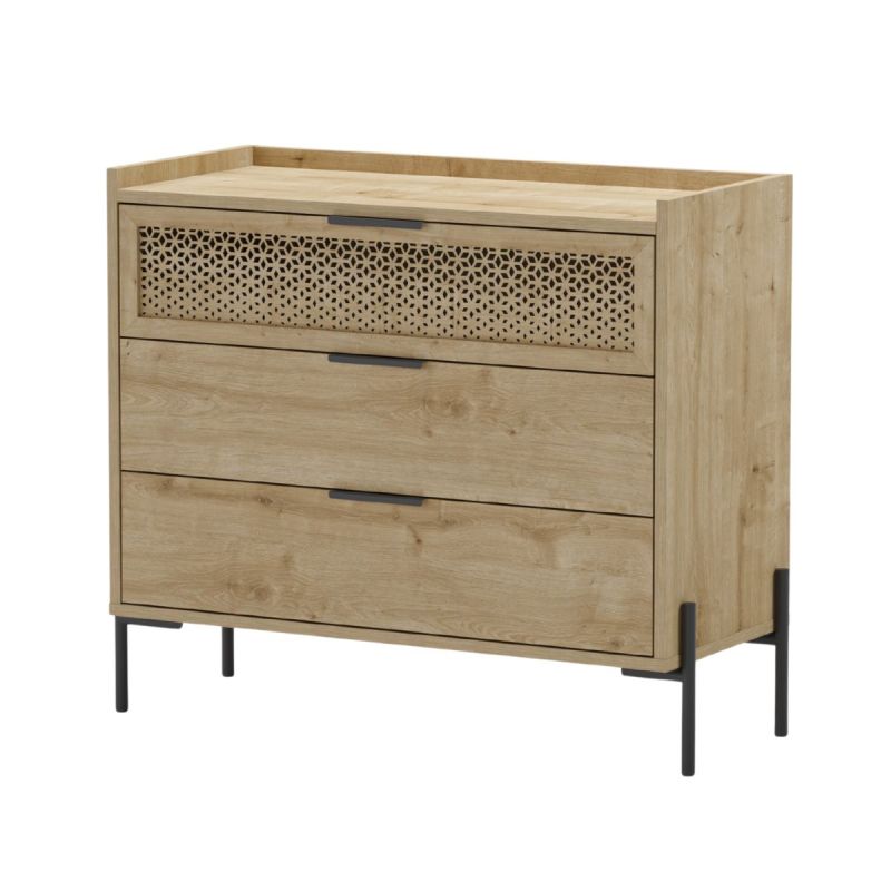 Commode 3 tiroirs dont 1 sculpté en mélaminé imitation bois clair ...