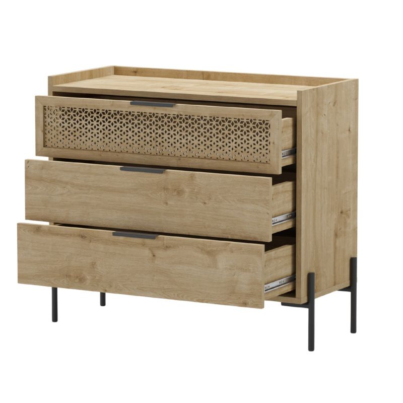 Commode 3 tiroirs dont 1 sculpté en mélaminé imitation bois clair ...